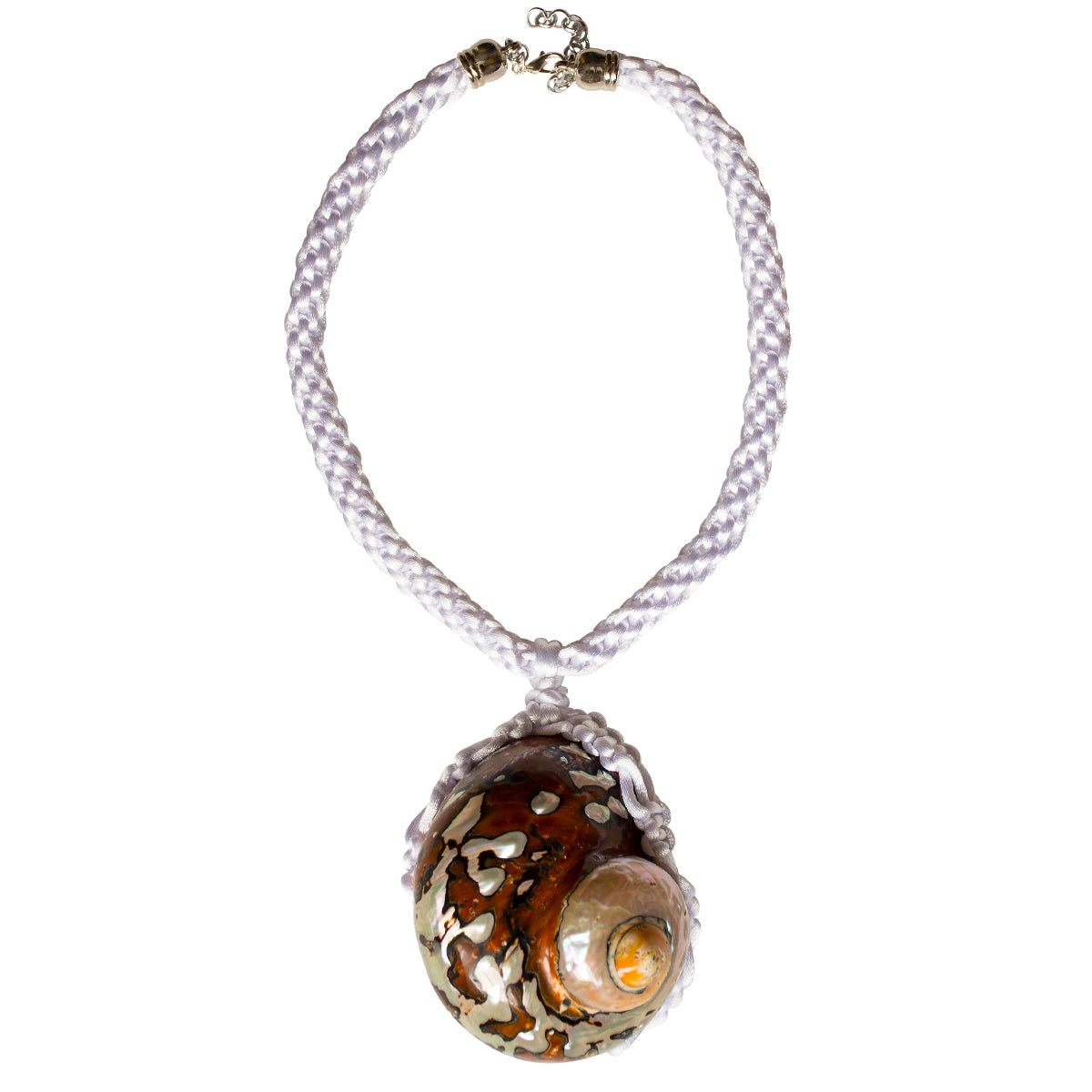 LARGE POLISHED AFRICAN TURBO SHELL MACRAME NECKLACE. WHITE/BROWN MULTI ...